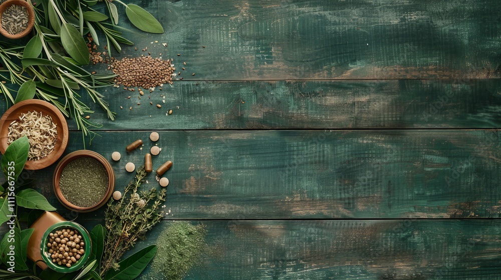 Dietary supplements arranged with herbal leaves and seeds on a rustic ...