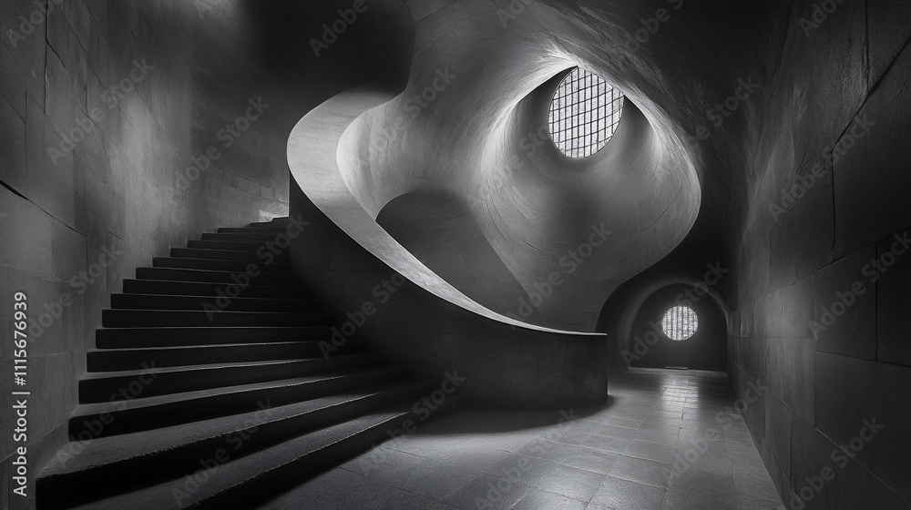 Dark, modern spiral staircase in a cavernous, architectural space ...