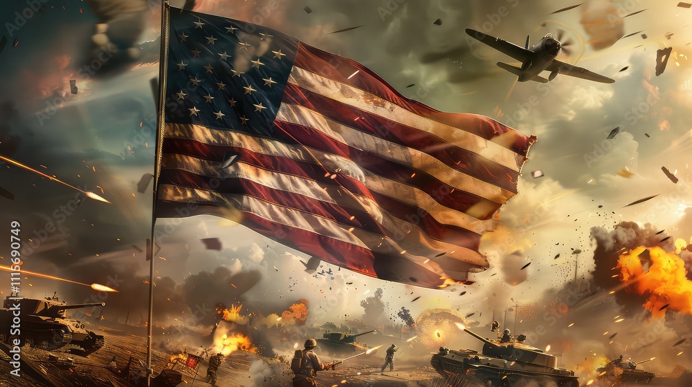 Concept of War, American Flag in background, soldiers, Tanks, Fighter ...