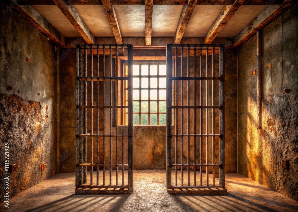 Realistic Rusty Jail Bars Within an Old Prison Cell Interior, Capturing ...