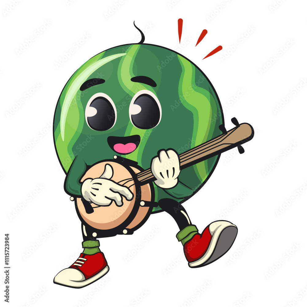 cute watermelon cartoon character playing the banjo musical instrument ...