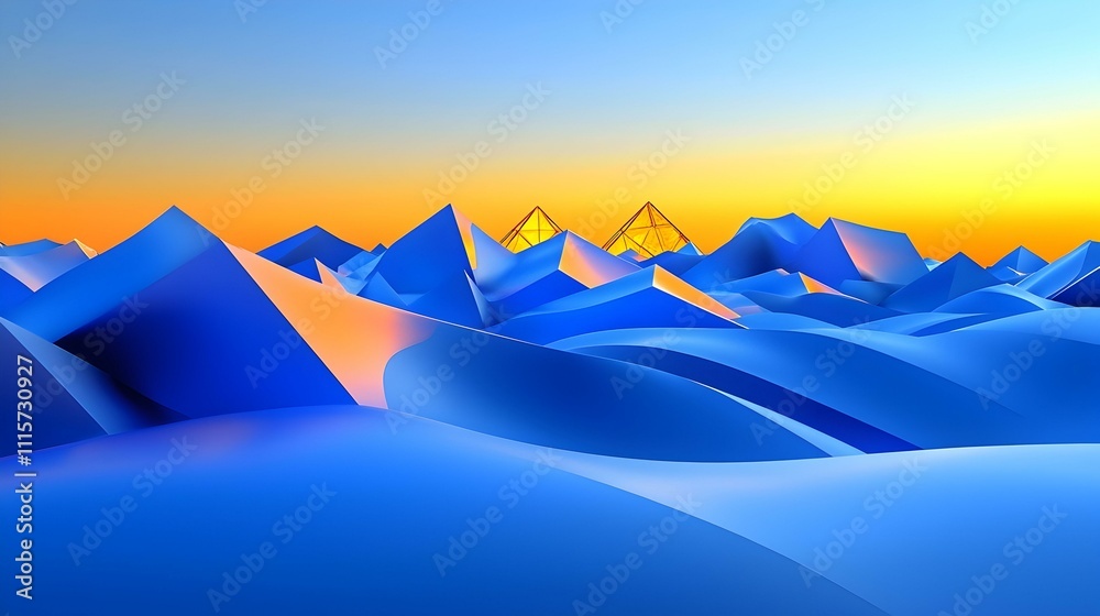 Abstract blue landscape with golden pyramids at sunset. Perfect for ...