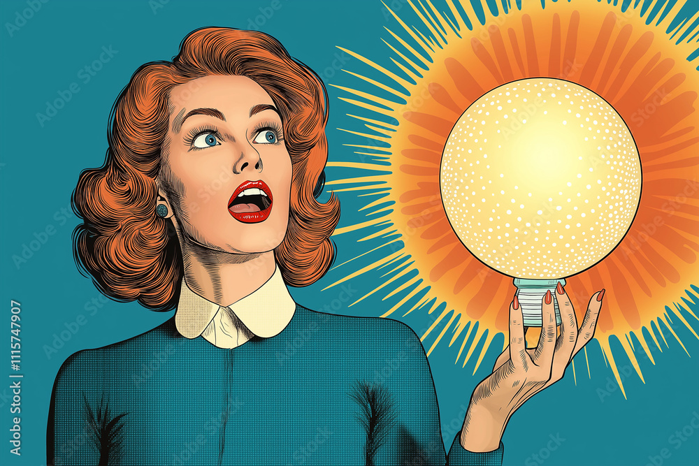 retro styled woman with vibrant red hair holds glowing orb, radiating ...