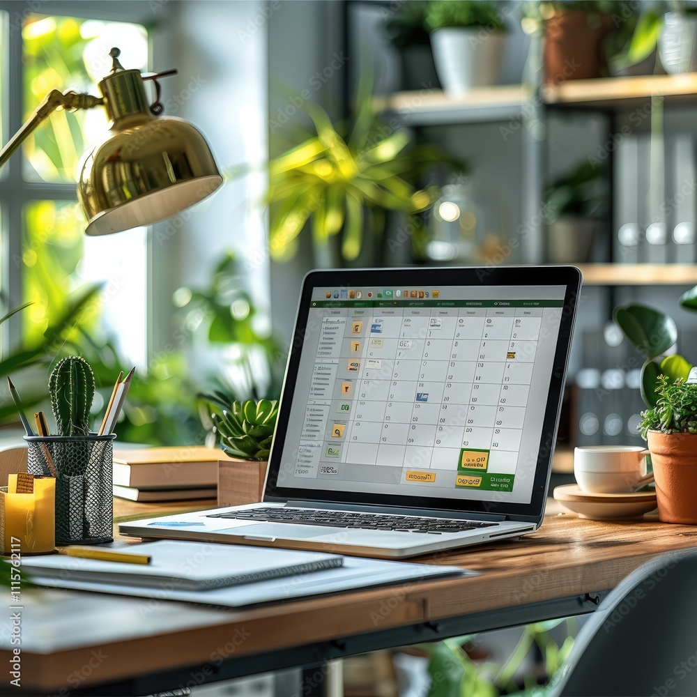 Stock-Foto „A modern office desk setup with a laptop, surrounded by ...