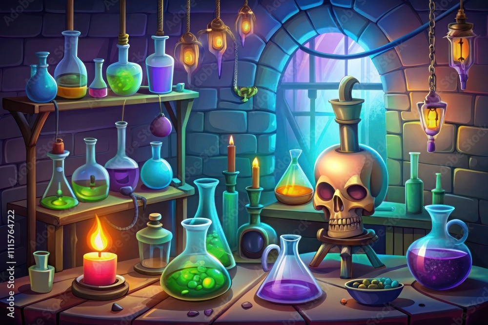Alchemist table cartoon vector concepts. Skulls elixirs potions flasks ...