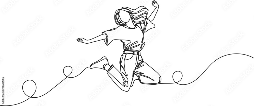 continuous single line drawing of cheerful woman jumping up in joy ...
