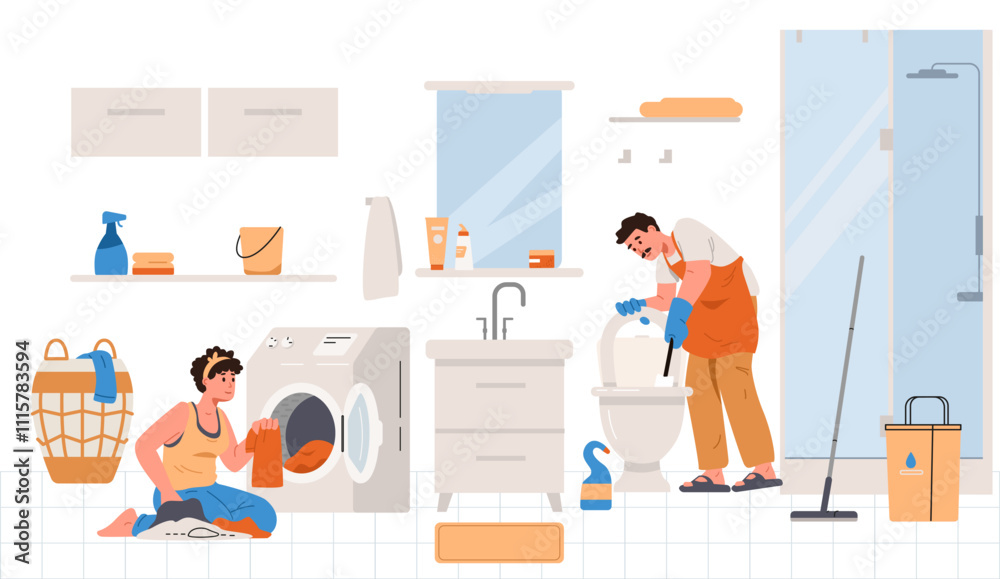 Couple cleaning the toilet and doing laundry in the bathroom flat ...