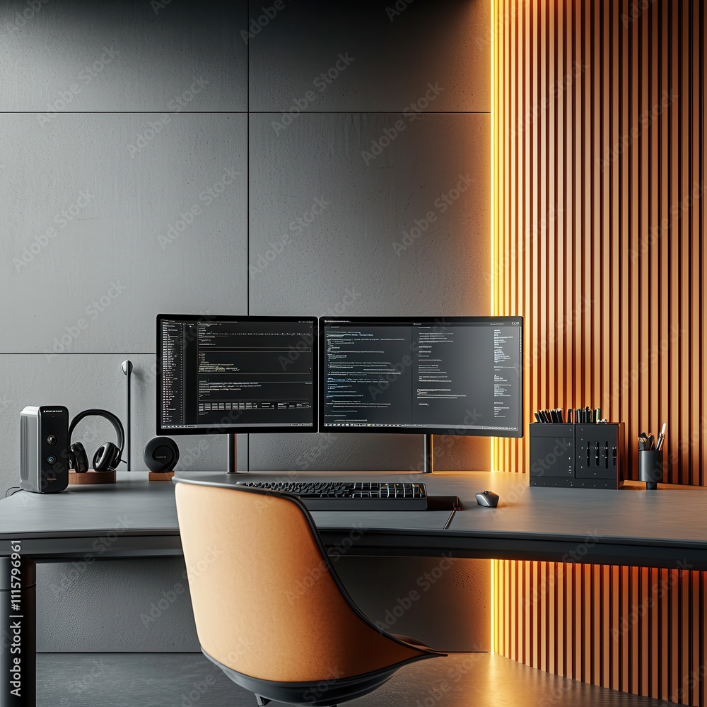 Modern workspace featuring dual monitors displaying coding interfaces, ergonomic office chair ...