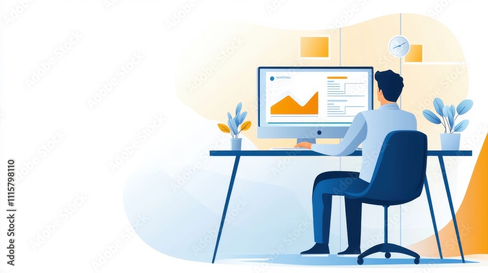 Professional workspace illustration depicting a person working on a ...