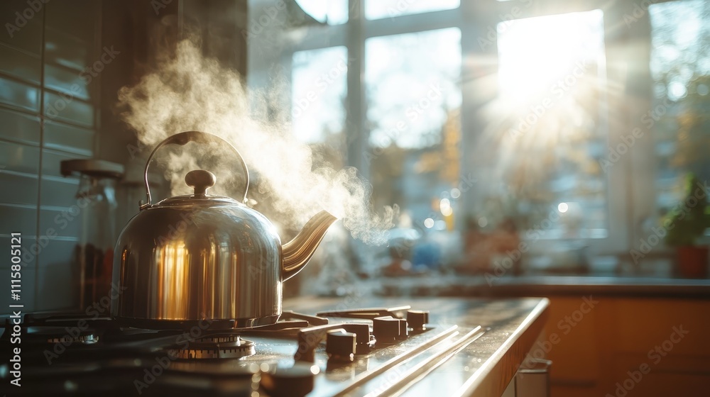 A shiny kettle releases steam, illuminated by sunlight entering through ...