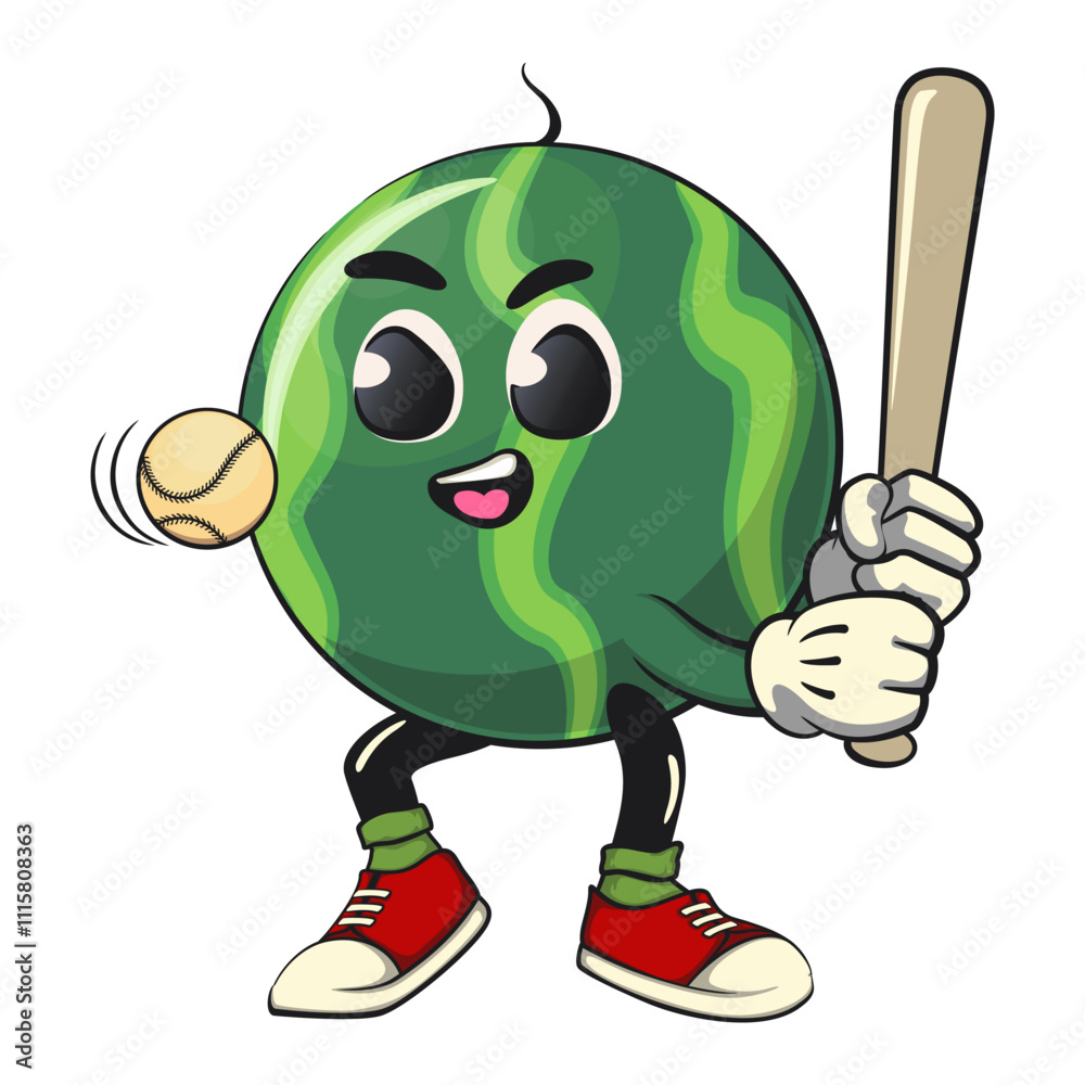 cute watermelon cartoon character playing baseball ready to hit the ...