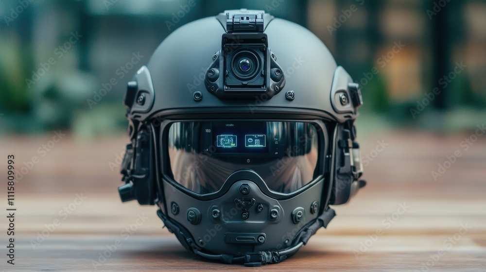 A high-tech tactical helmet with integrated visor and camera, designed ...
