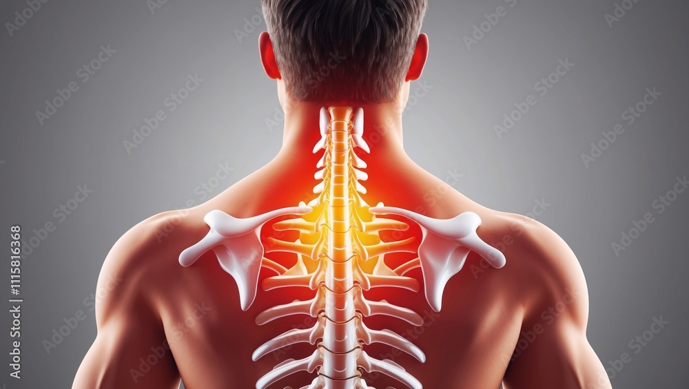 Human body with a highlighted neck skeleton, depicting pain in the neck ...