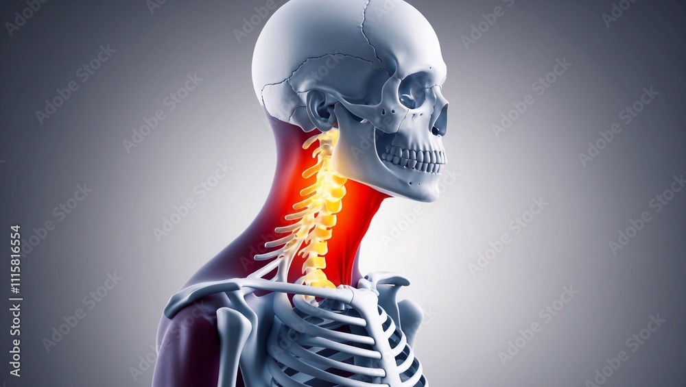 Human body with a highlighted neck skeleton, depicting pain in the neck ...