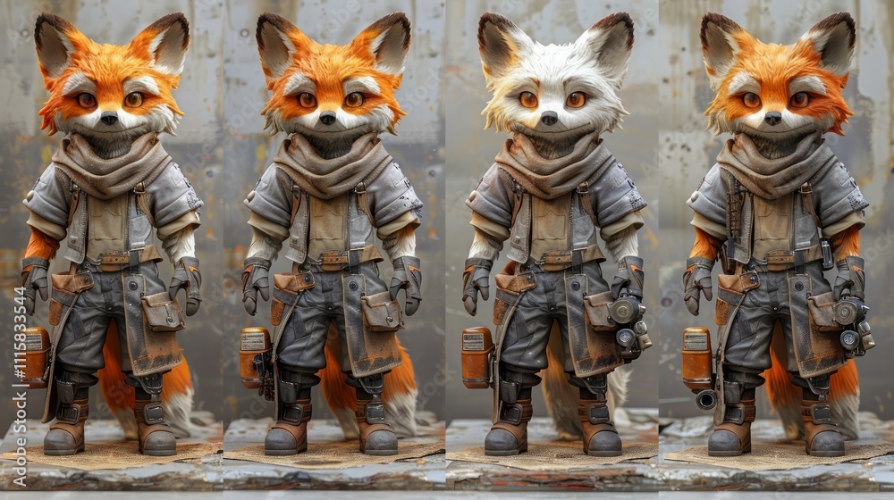 Four variations of a fox character model in different color palettes ...
