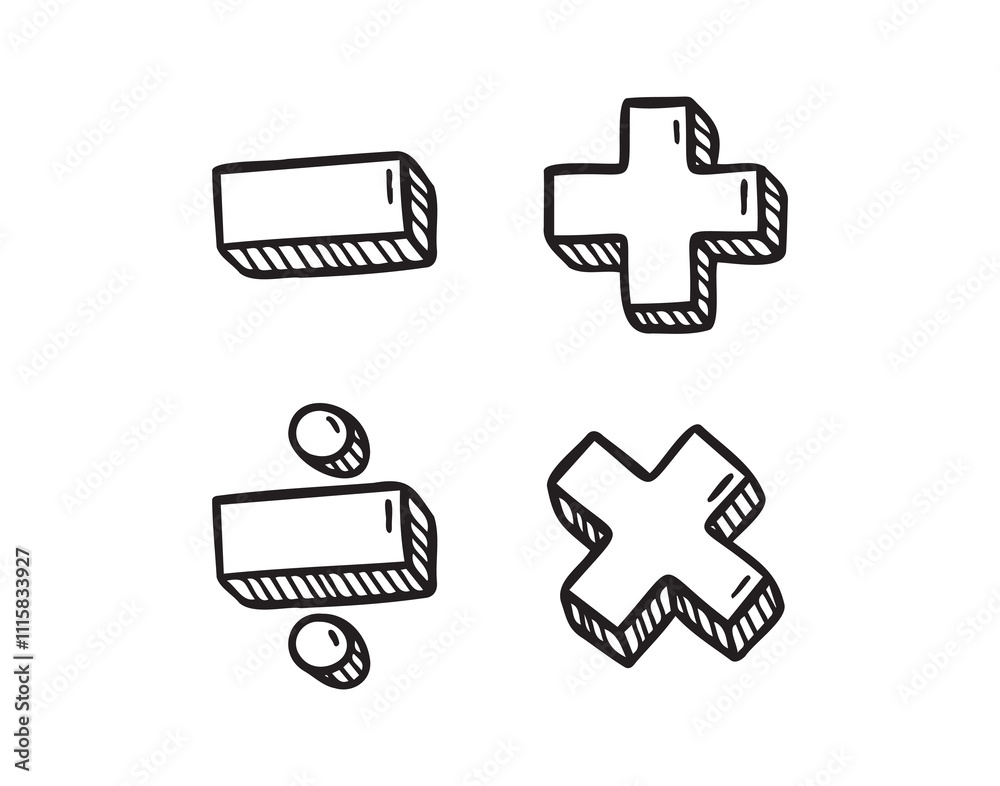 math symbols, divide and multiply, minus and plus doodle hand drawn ...
