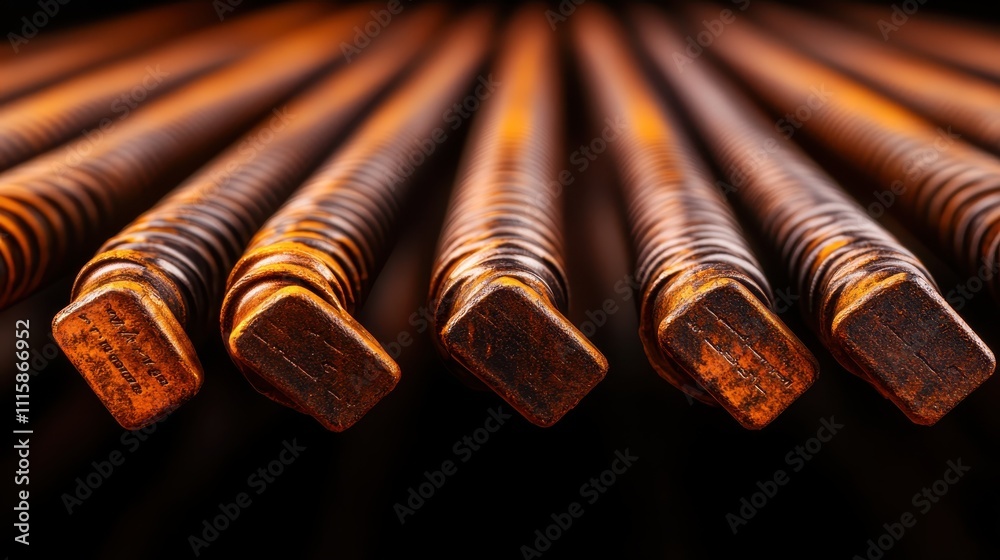 Rods of rebar aligned side by side, each showing rust with twisted ...