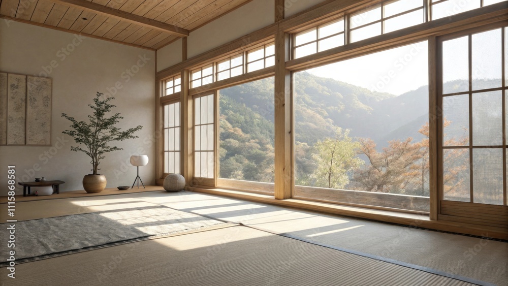 Light spills into an undecorated room through clear expansive windows ...