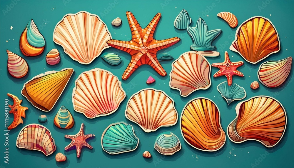 vintage seashell and starfish stickers on azure background ael nautical ...