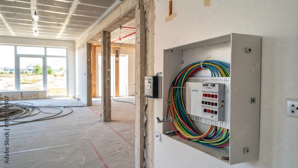 A brightly lit unfinished space showcases a modern electrical panel ...