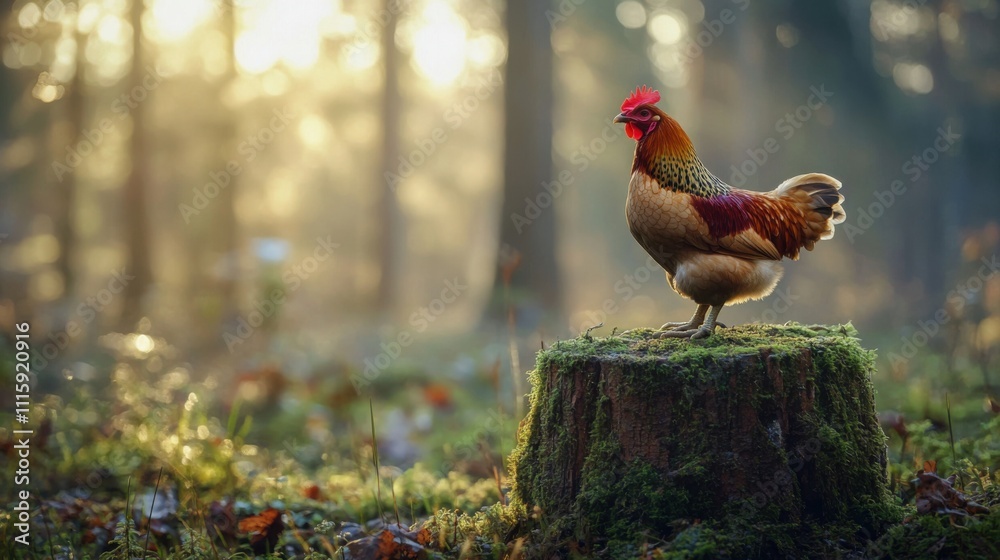 In the heart of a serene forest, a vibrant chicken stands confidently ...