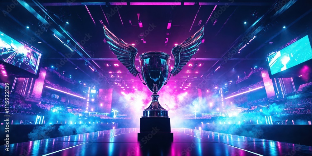 Silver trophy with wings standing on stage in esports arena during a ...