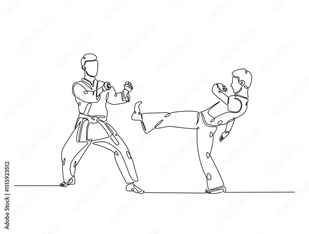 Continuous one line drawing of two figther practicing fight karate ...