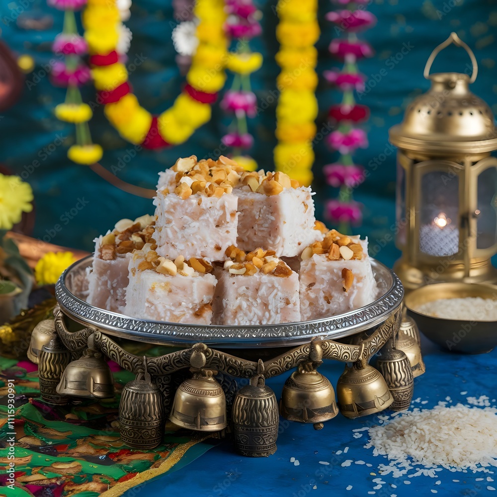 Rich jaggery barfi made with coconut, topped with chopped nuts ...