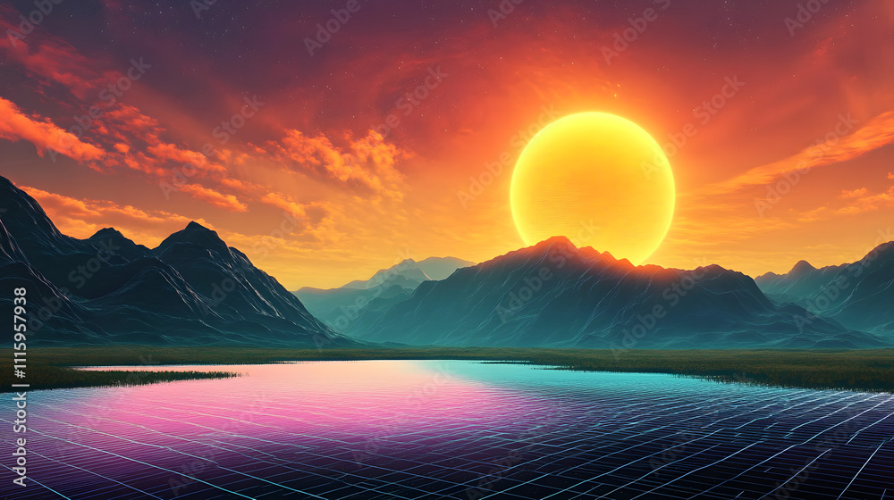 Retro background futuristic landscape 1980s style. Digital retro ...