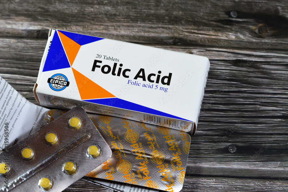 Cairo, Egypt, December 2 2024: Folic acid 5mg Tabs, for the treatment ...
