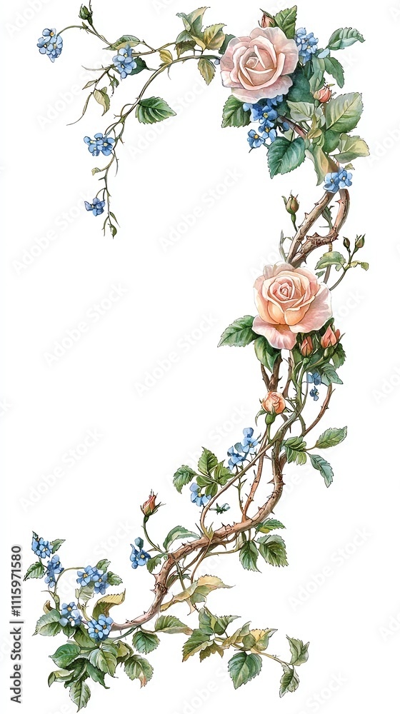 Vintage-inspired watercolor border with English garden roses, forget-me ...
