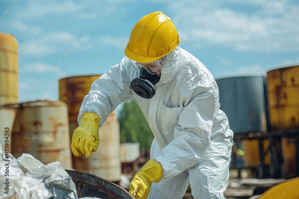 Worker in hazmat suit and safety gear handling hazardous materials in an industrial area ...
