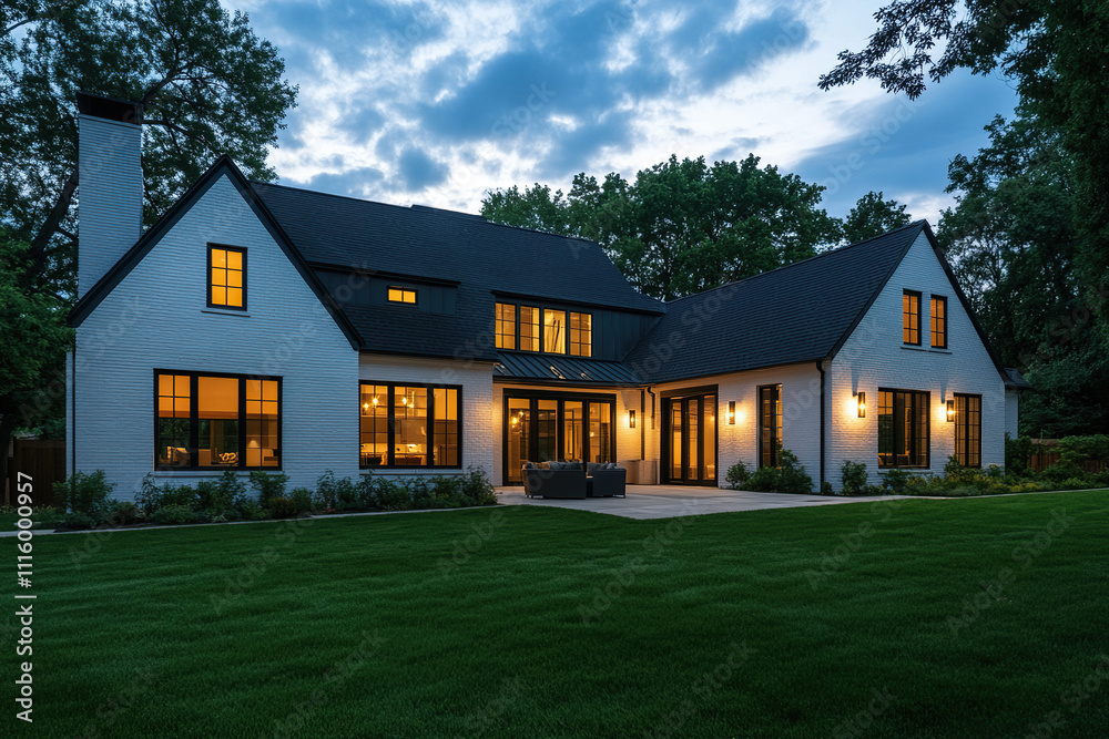 A white and black modern farmhouse with large windows, a front porch, a ...