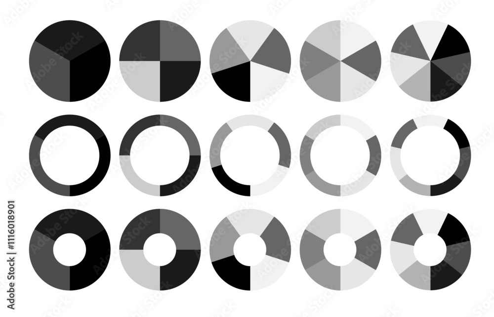 Segment infographic. Pie chart icons. 2,3,6,10,20 circle section graph. Wheel round diagram part ...