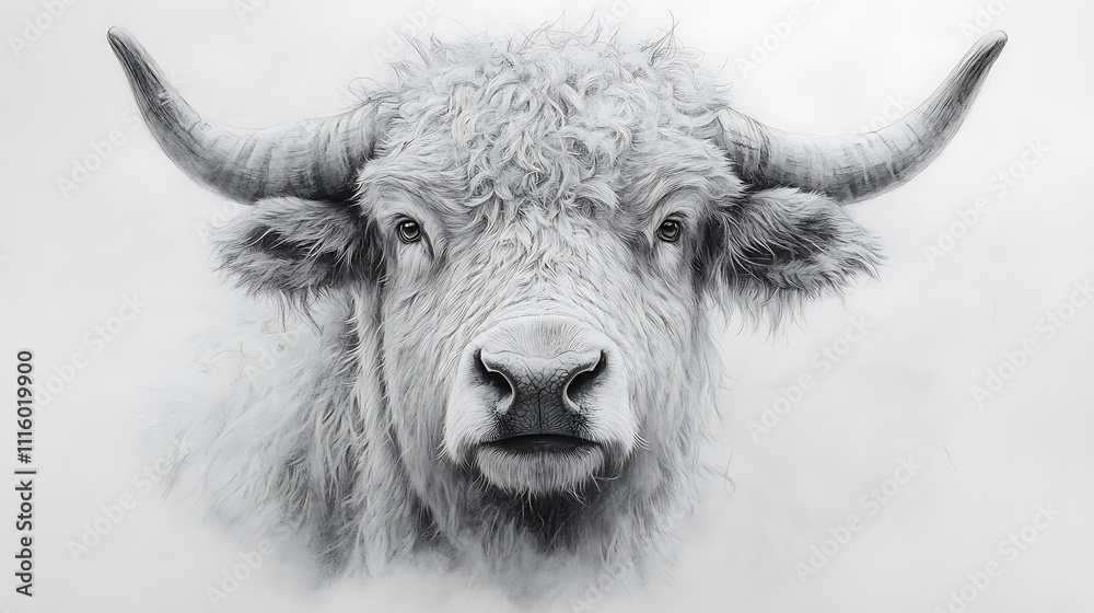 Majestic yak standing detailed in finely crafted pencil sketch pictures ...