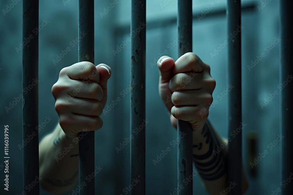 Criminal Hands Gripping Prison Bars in Dark Correctional Facility ...
