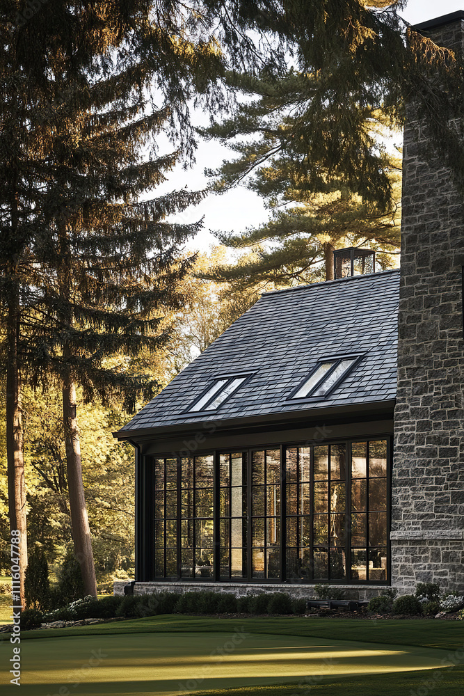A modern, dark gray stone house with large glass windows nestled in the ...