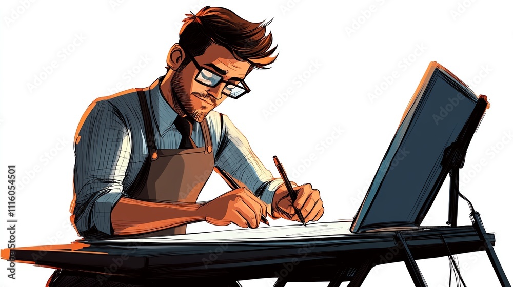 a 2D cartoon illustration of an architect using a drafting table ...