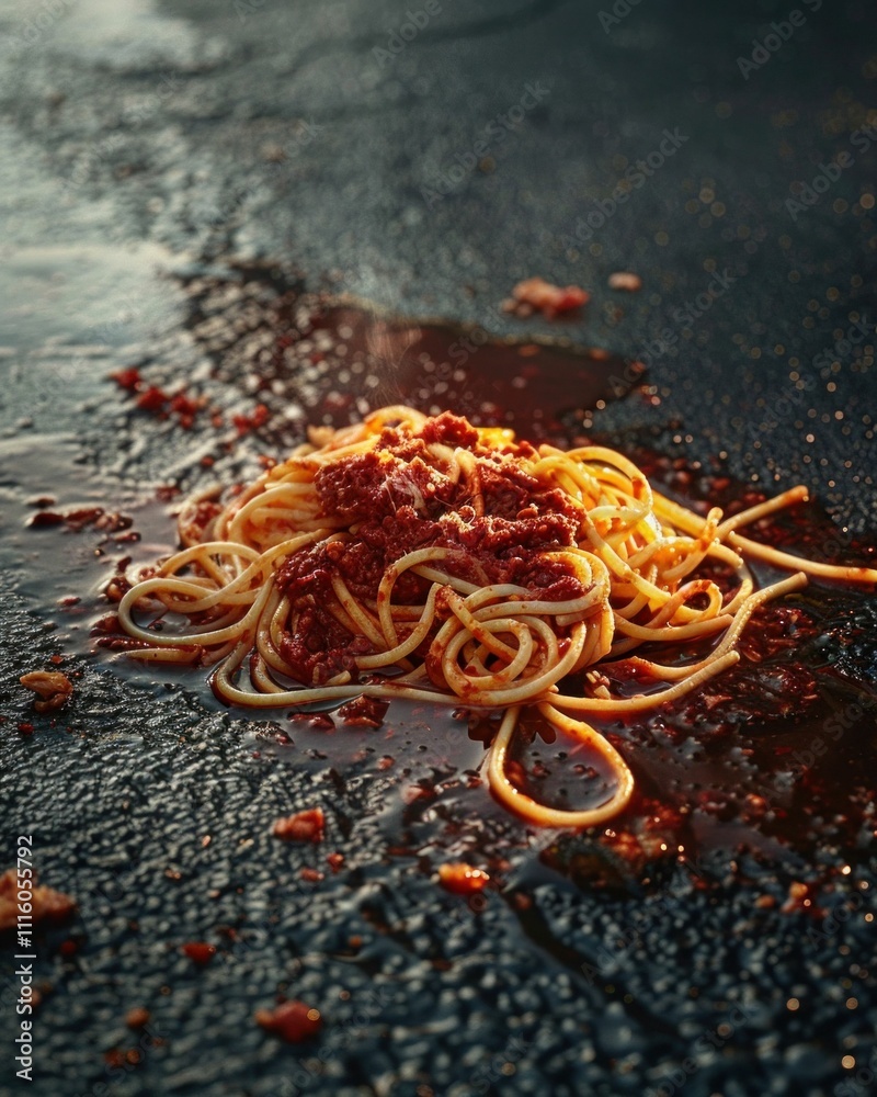 spaghetti on the ground, spilled pasta with sauce, vibrant colors ...