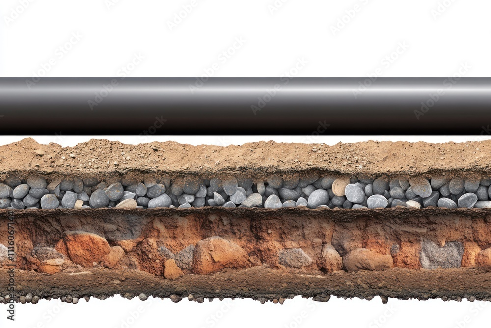 Underground pipe cross-section showing layers of soil, gravel, and rock ...
