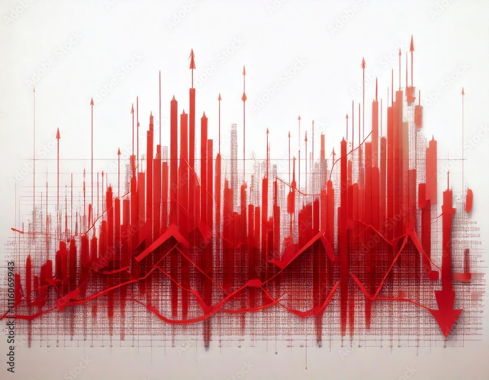 Stock market chart with red arrows pointing down, isolated on white ...