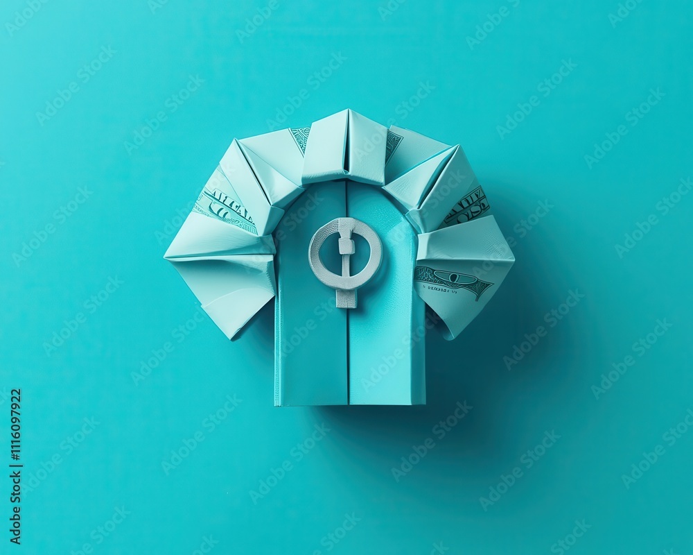 Origami dollar folded into a bank vault door, symbolizing secure ...