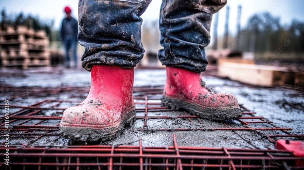 Construction worker in red boots standing on rebar and wet concrete ...