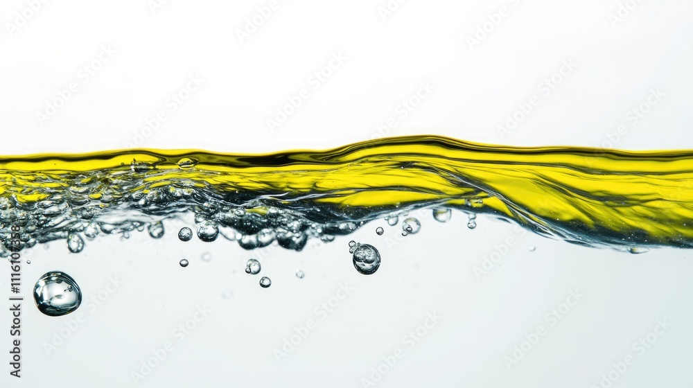 Yellow dye dissolving in water creating vibrant patterns with bubbles ...