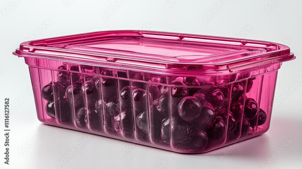Transparent pink plastic container filled with fresh black olives on a ...