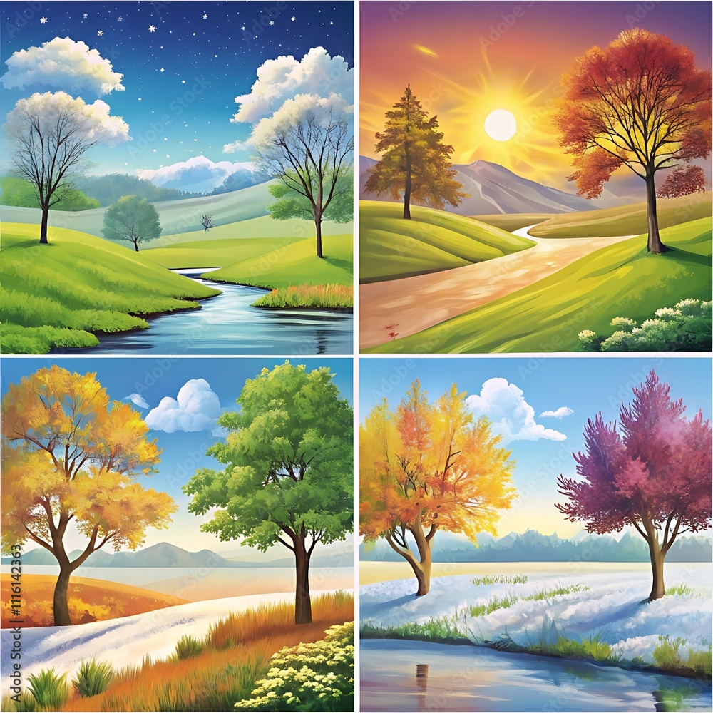 Illustrate the same landscape across all four seasons, capturing the ...