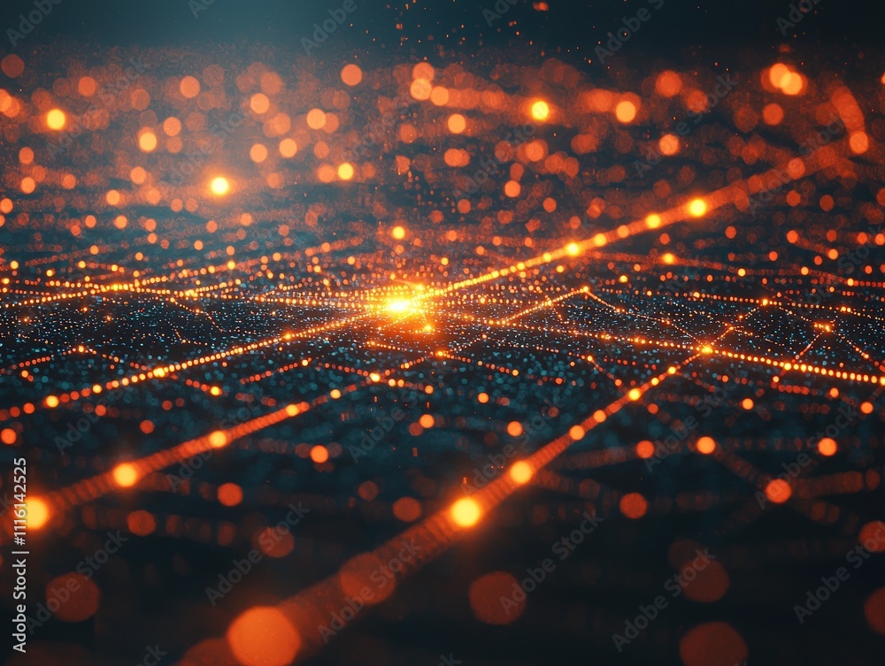 A vibrant digital landscape featuring glowing orange connections and data points, resembling a ...