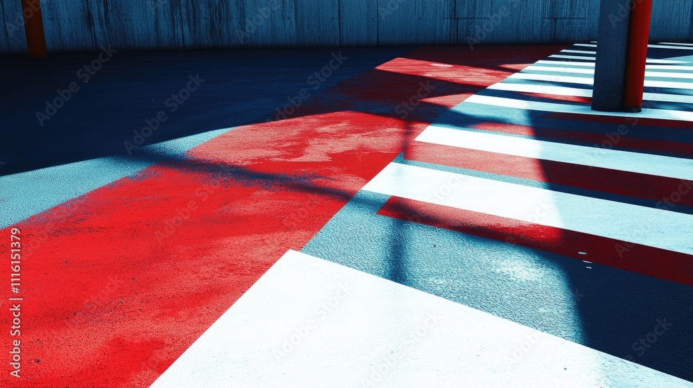 Fire track parking area with vibrant road markings and shadows creating ...