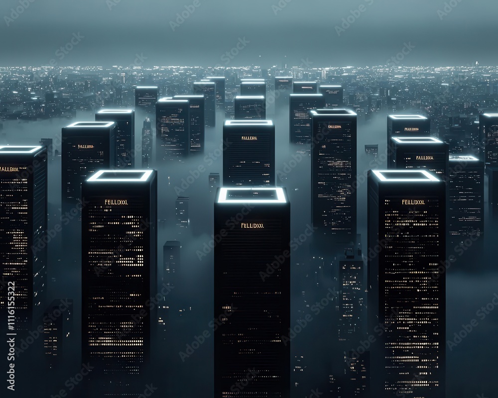 Futuristic cityscape with skyscrapers shaped like Federal Reserve logos ...