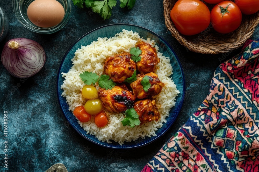 Chicken Mandy top view The national Saudi Arabian dish chicken kabsa ...